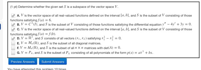 Solved 1 pt) Determine whether the given set S is a subspace | Chegg.com