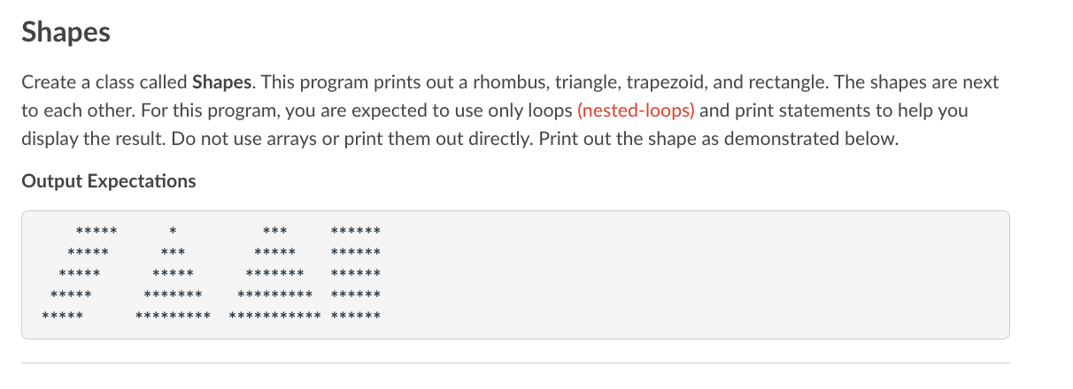 Shapes Create a class called Shapes. This program | Chegg.com