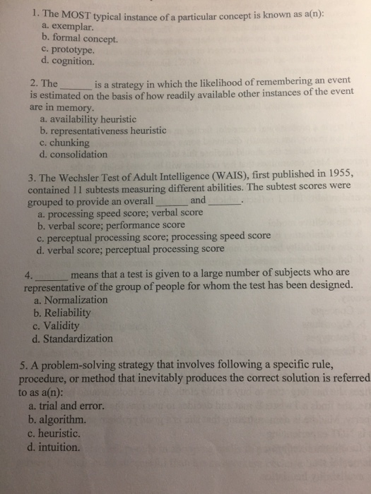 Solved 1. The MOST typical instance of a particular concept | Chegg.com