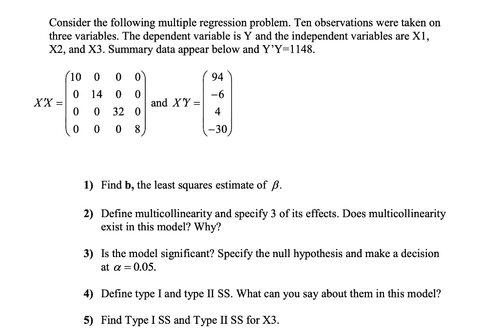 Solved Consider The Following Multiple Regression Problem Chegg