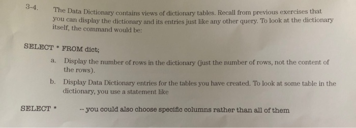 3-4. The Data Dictionary contains views of dictionary | Chegg.com