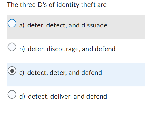Solved The three D's of identity theft are a) deter, detect, | Chegg.com Solved The three D's of identity theft are a) deter, detect, | Chegg.com