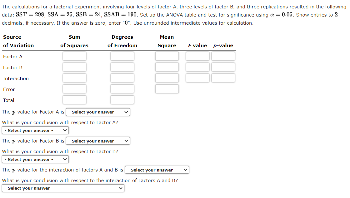 The calculations for a factorial experiment involving | Chegg.com