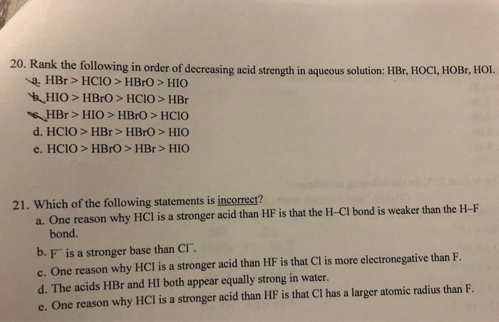 Solved 20. Rank the following in order of decreasing acid | Chegg.com