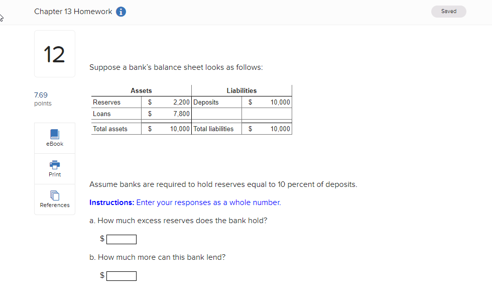 Solved Chapter 13 Homework A Saved 3 12 Suppose a bank's | Chegg.com