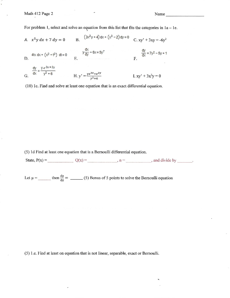 Solved Math 412 Page 2 Name For problem 1. select and solve | Chegg.com
