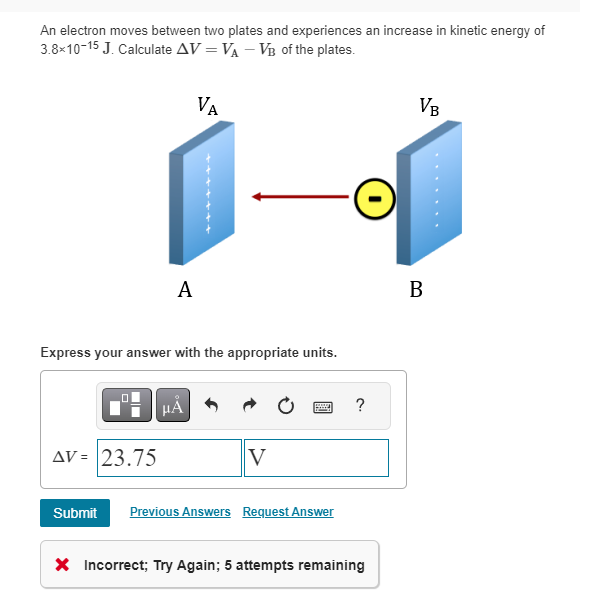 Solved An electron moves between two plates and experiences | Chegg.com