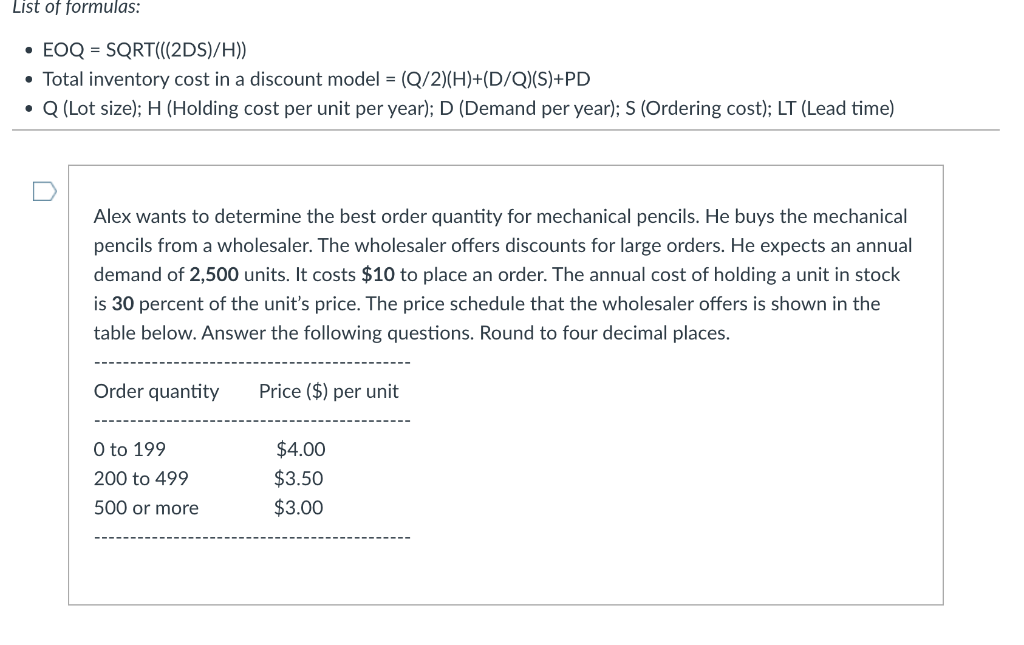 Solved EOQ=SQRT(((2DS)/H)) - Total inventory cost in a | Chegg.com