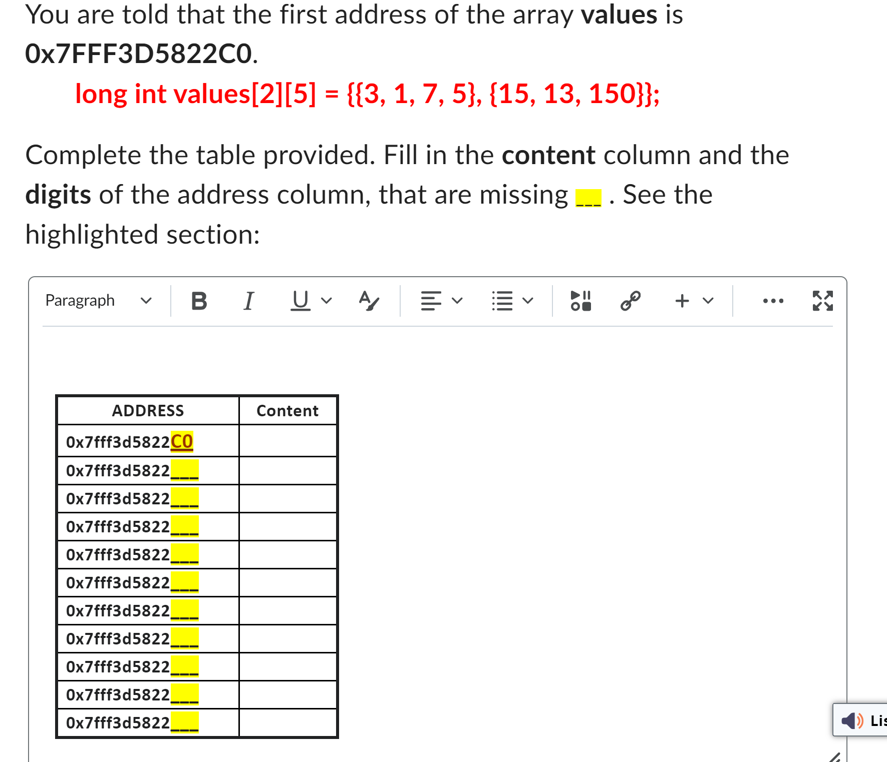 Solved You are told that the first address of the array | Chegg.com