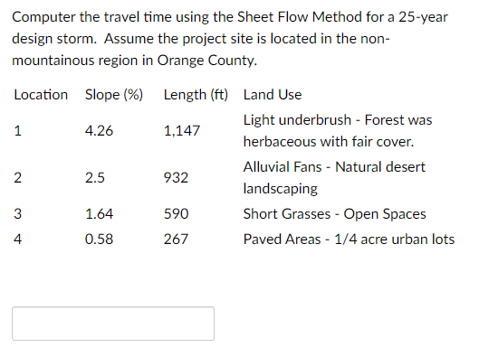 Solved Computer the travel time using the Sheet Flow Method | Chegg.com