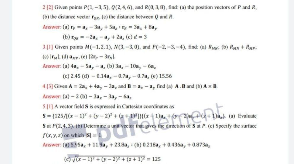 Solved 2.[2] Given points P(1, -3,5), Q(2,4,6), and | Chegg.com