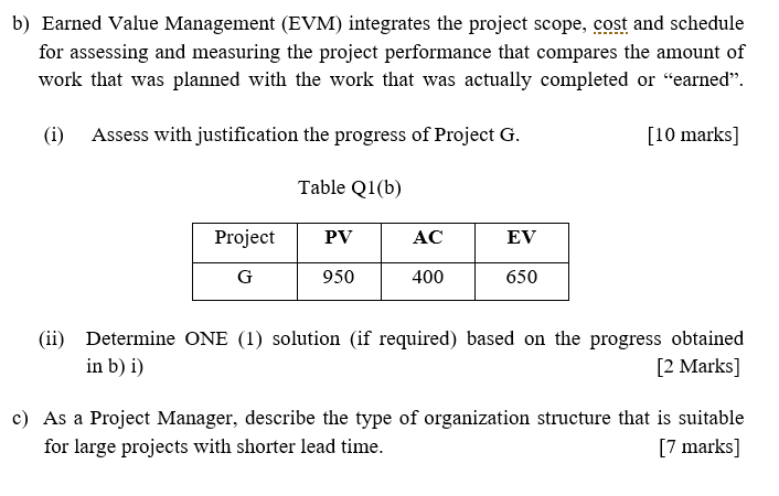 Solved b) Earned Value Management (EVM) integrates the | Chegg.com