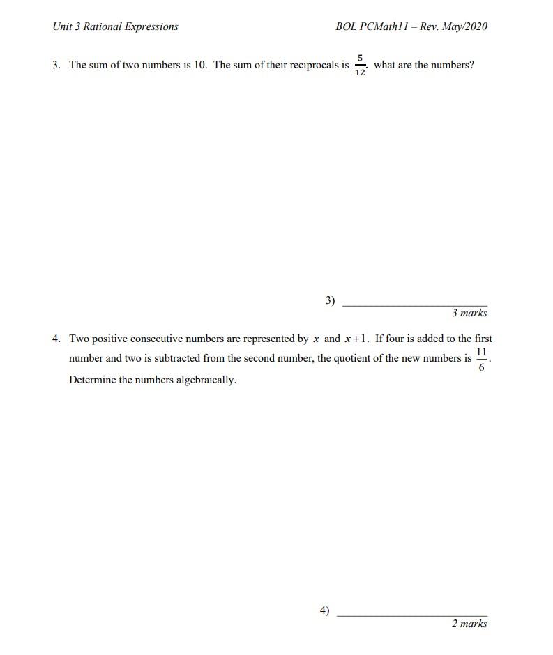 Solved Unit 3 Rational Expressions BOL PCMathil - Rev. | Chegg.com