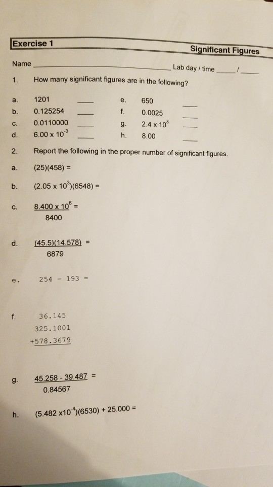 Solved Exercise 1 Significant Figures Name Lab day / time 1. | Chegg.com