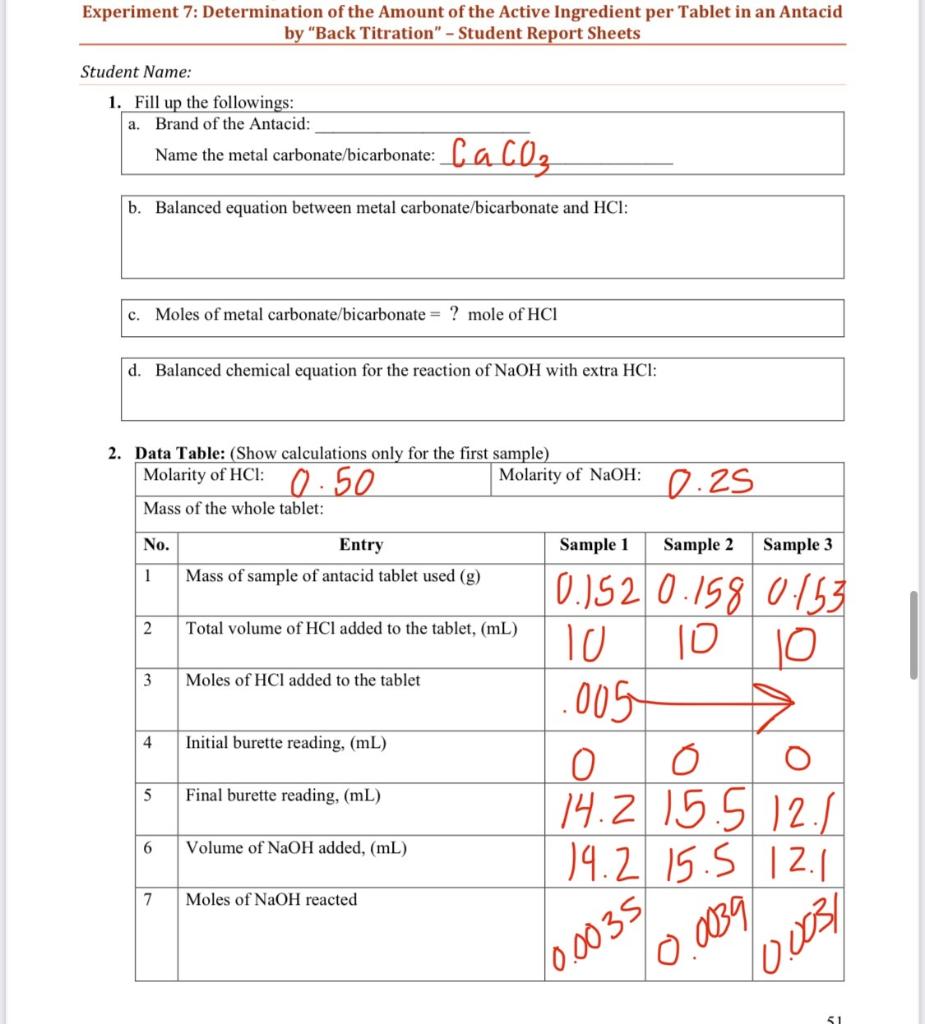 Solved Experiment 7: Determination of the Amount of the | Chegg.com