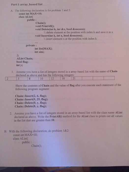 Solved Part I: array_based list A. The following declaration | Chegg.com