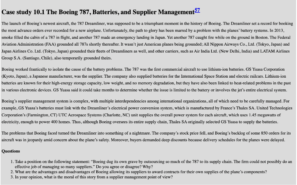 Solved Case study 10.1 The Boeing 787, Batteries, and | Chegg.com