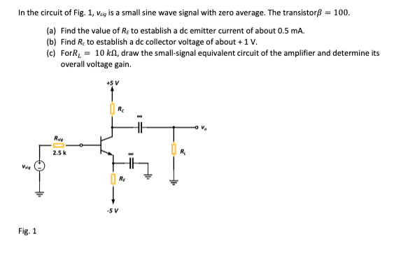Solved In the circuit of Fig. 1, Vsig is a small sine wave | Chegg.com