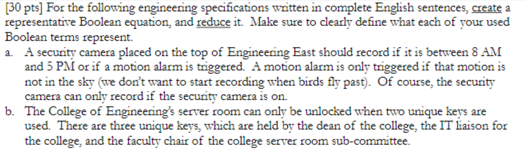 Solved [30 pts] For the following engineering specifications | Chegg.com