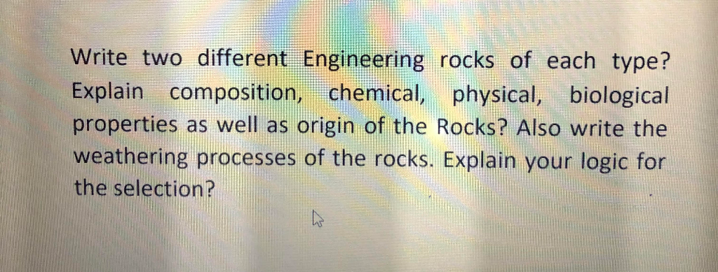 Write two different Engineering rocks of each type? | Chegg.com