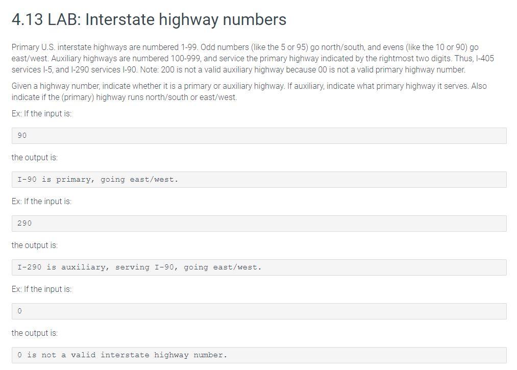 Solved 4.13 LAB: Interstate highway numbers Primary U.S. | Chegg.com Solved 4.13 LAB: Interstate highway numbers Primary U.S. | Chegg.com