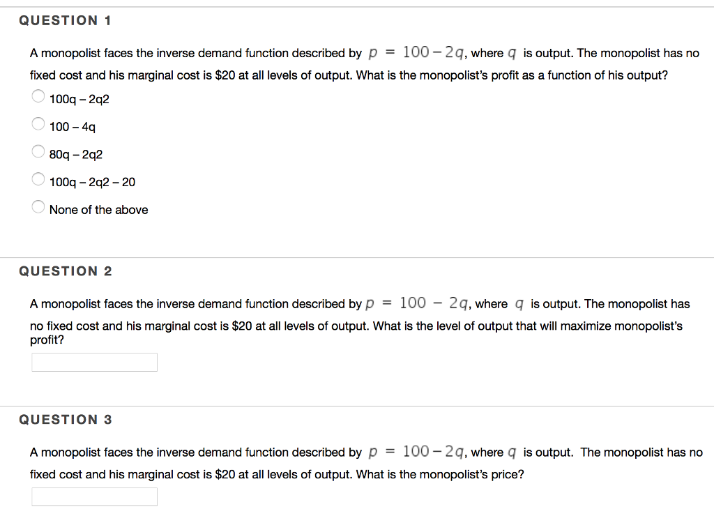 Solved 1. A monopolist faces the inverse demand function | Chegg.com