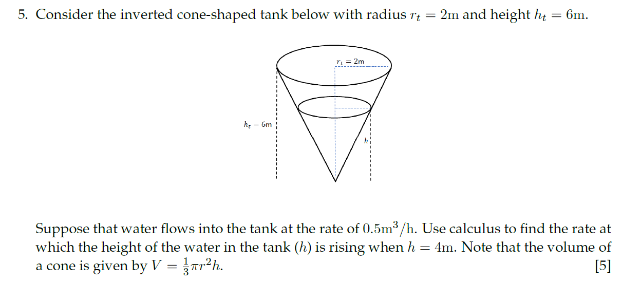 Solved 5. Consider the inverted cone-shaped tank below with | Chegg.com