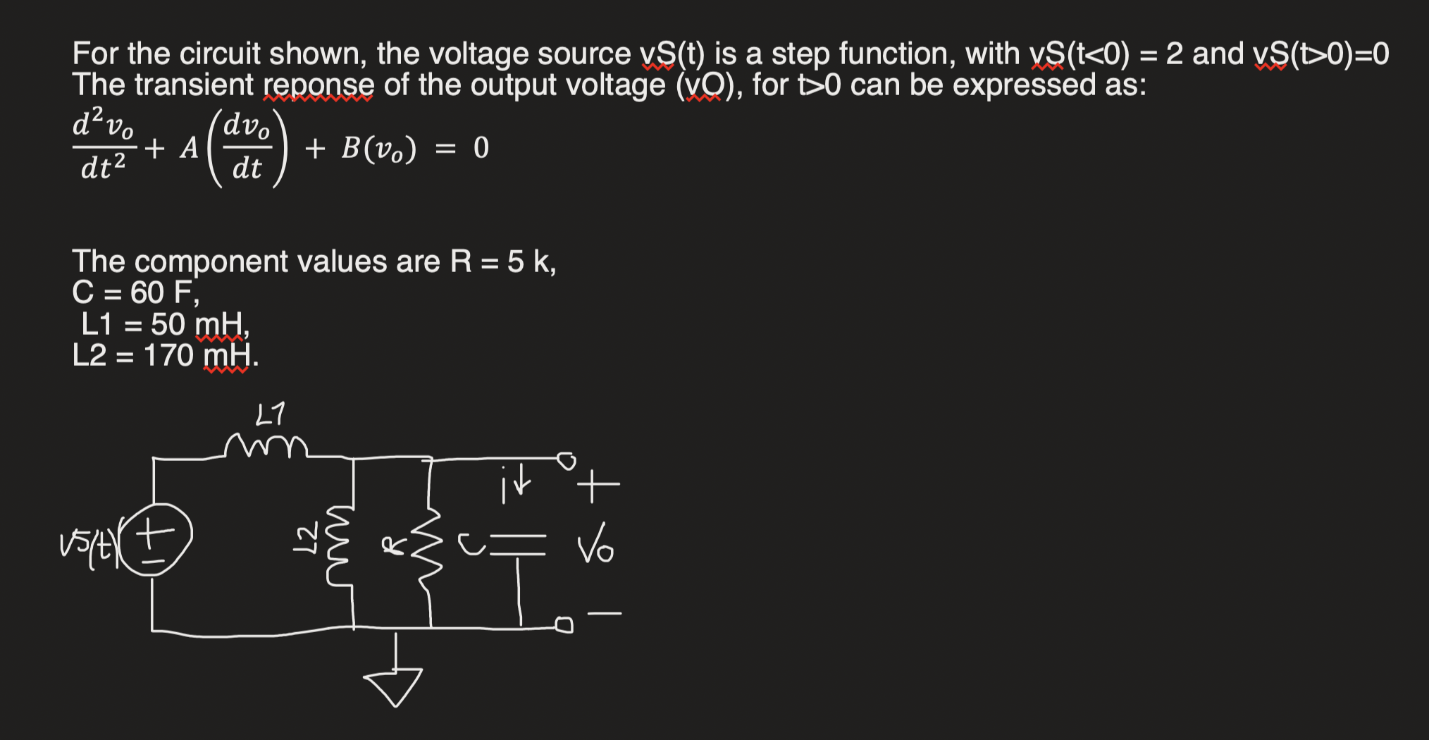 For the circuit shown, the voltage source vS(t) is a | Chegg.com