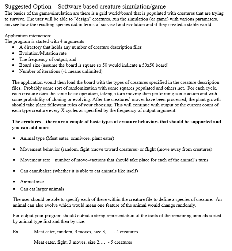 Suggested Option - Software based creature simulation | Chegg.com