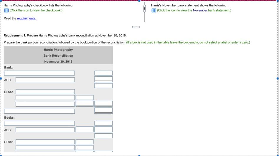 Solved Harris Photography's checkbook lists the following: | Chegg.com