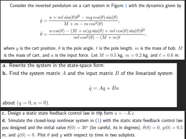 Solved Consider the inverted pendulum on a cart system in | Chegg.com