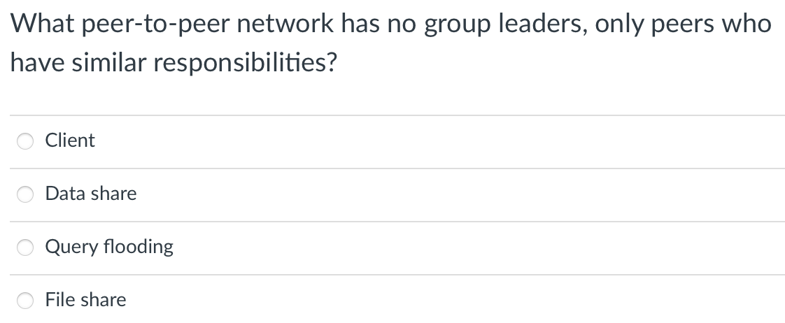 Solved What peer-to-peer network has no group leaders, only | Chegg.com