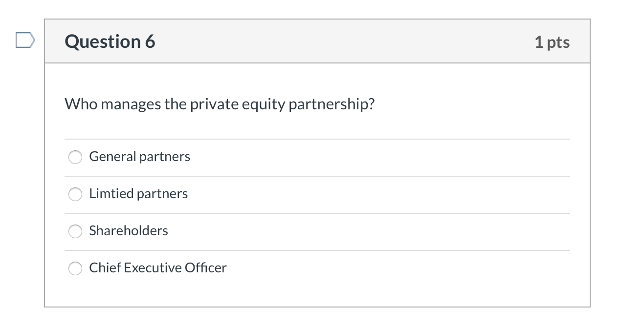 Solved Question 6 1 pts Who manages the private equity | Chegg.com