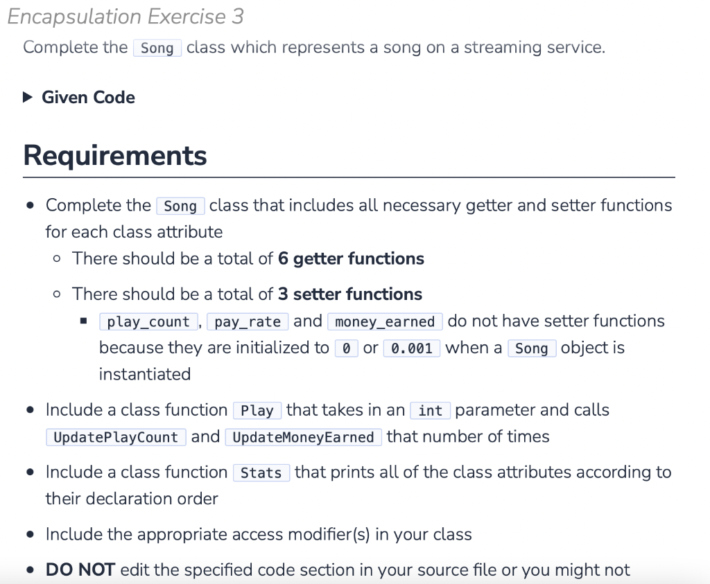 Solved Encapsulation Exercise 3 Complete The Song Class