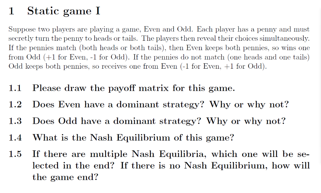 Solved 1 Static game I Suppose two players are playing a | Chegg.com