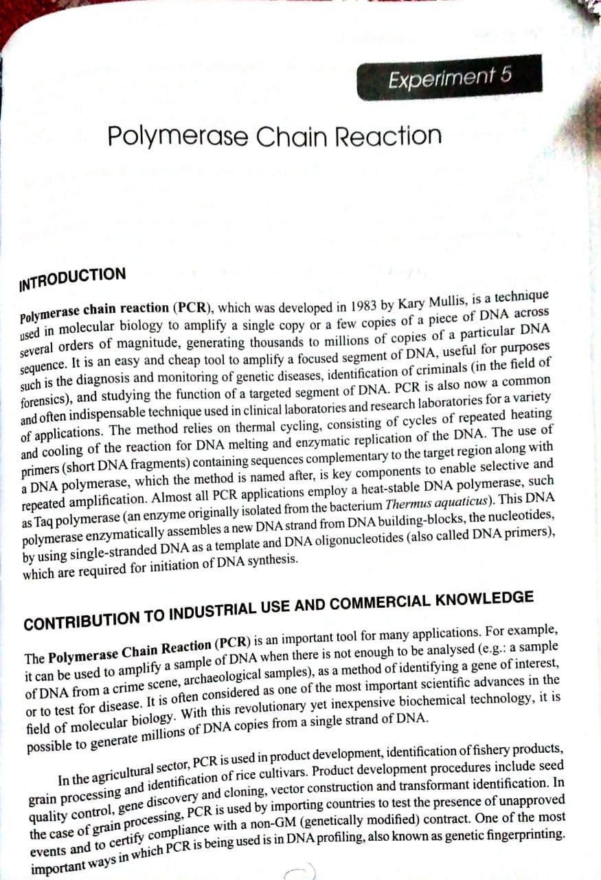 Solved Experiment 5 Polymerase Chain Reaction INTRODUCTION а | Chegg.com