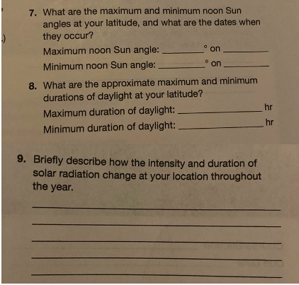 Solved 7. What are the maximum and minimum noon Sun angles | Chegg.com