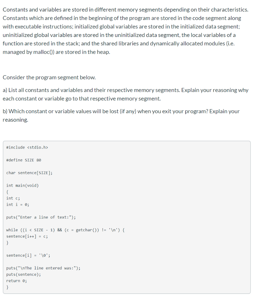 Solved Constants and variables are stored in different | Chegg.com