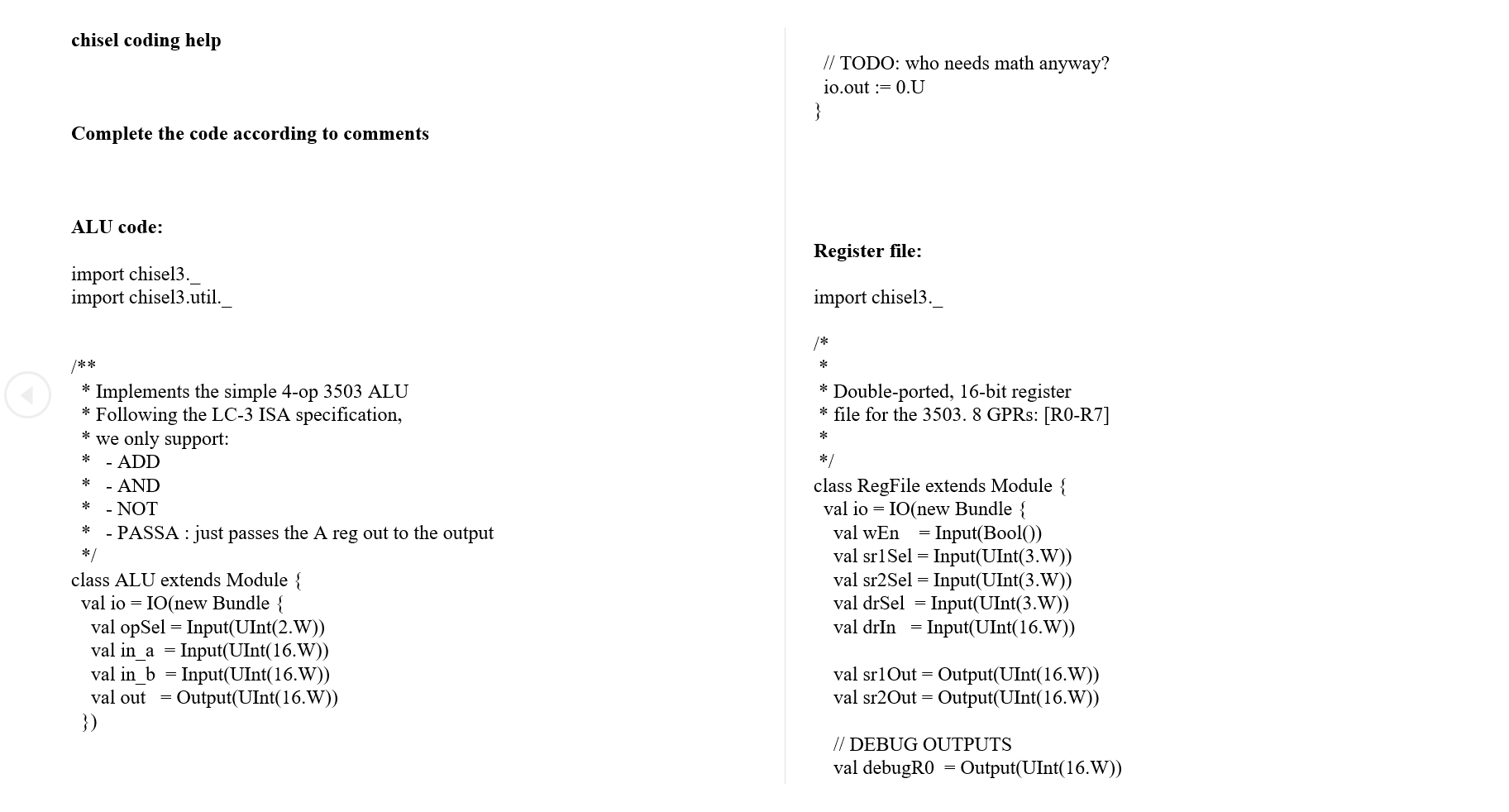 Solved chisel coding help // TODO: who needs math anyway? | Chegg.com