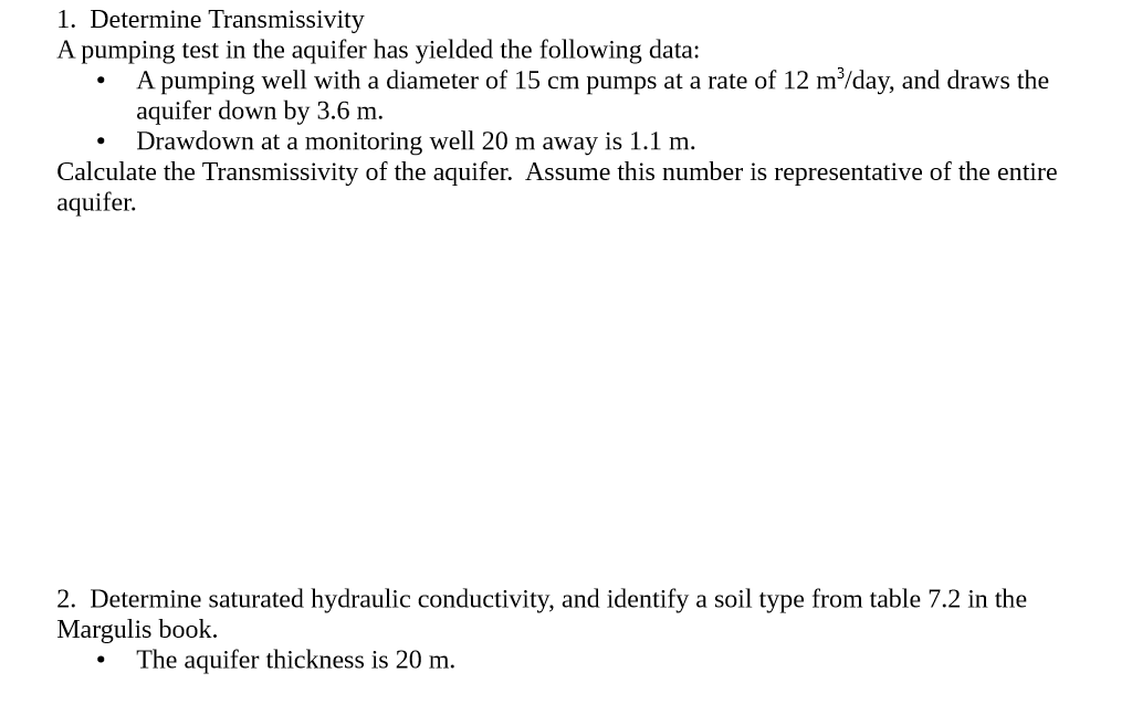 Solved 1. Determine Transmissivity A pumping test in the | Chegg.com