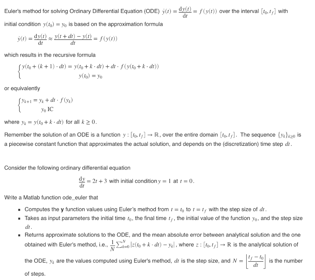 Solved dy(t) Euler's method for solving Ordinary | Chegg.com