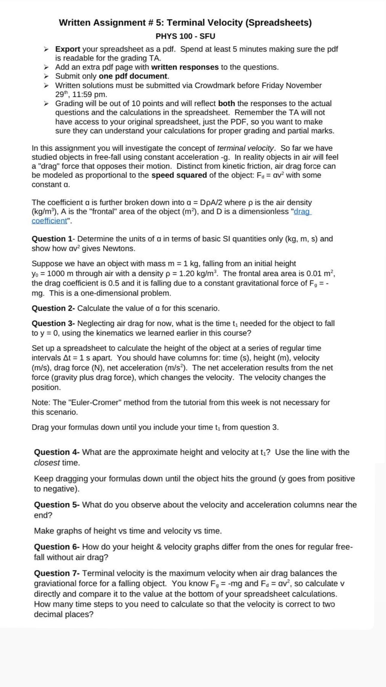 Solved Written Assignment \# 5: Terminal Velocity | Chegg.com