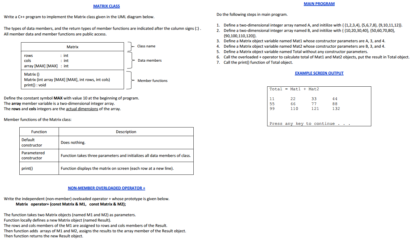 MAIN PROGRAM MATRIX CLASS Write a C++ program to | Chegg.com