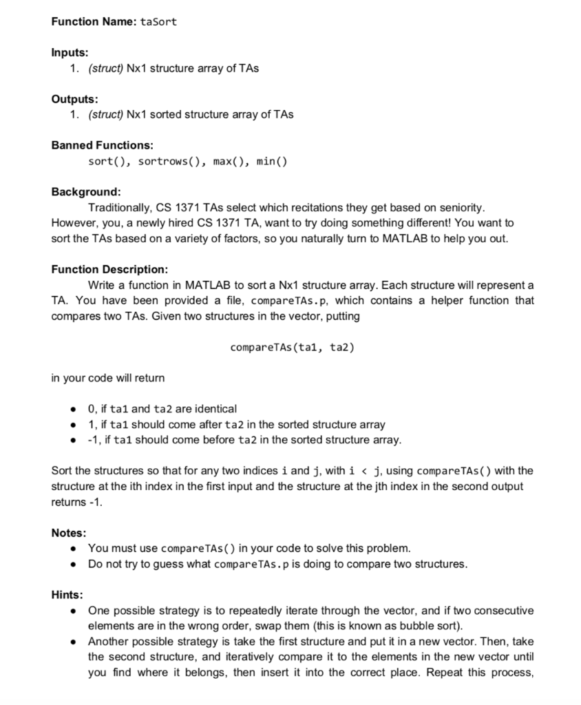 Function Name: ta Sort Inputs: 1. (struct) Nx1 | Chegg.com