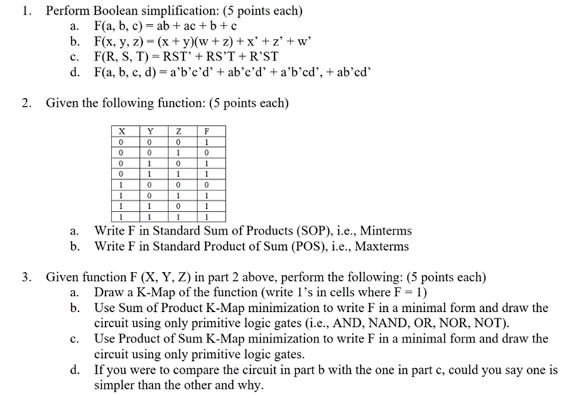 Solved 1. Perform Boolean simplification: (5 points each) a. | Chegg.com