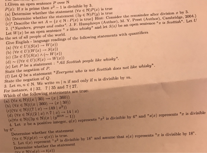 Solved 1.Given an open sentence P over N P(z): If x is prime | Chegg.com