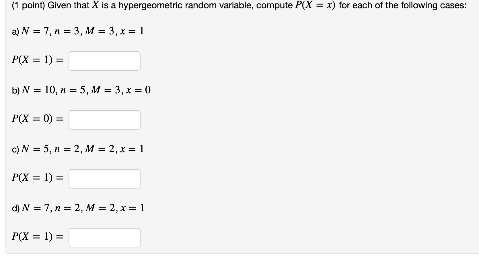 Solved (1 point) Given that X is a hypergeometric random | Chegg.com