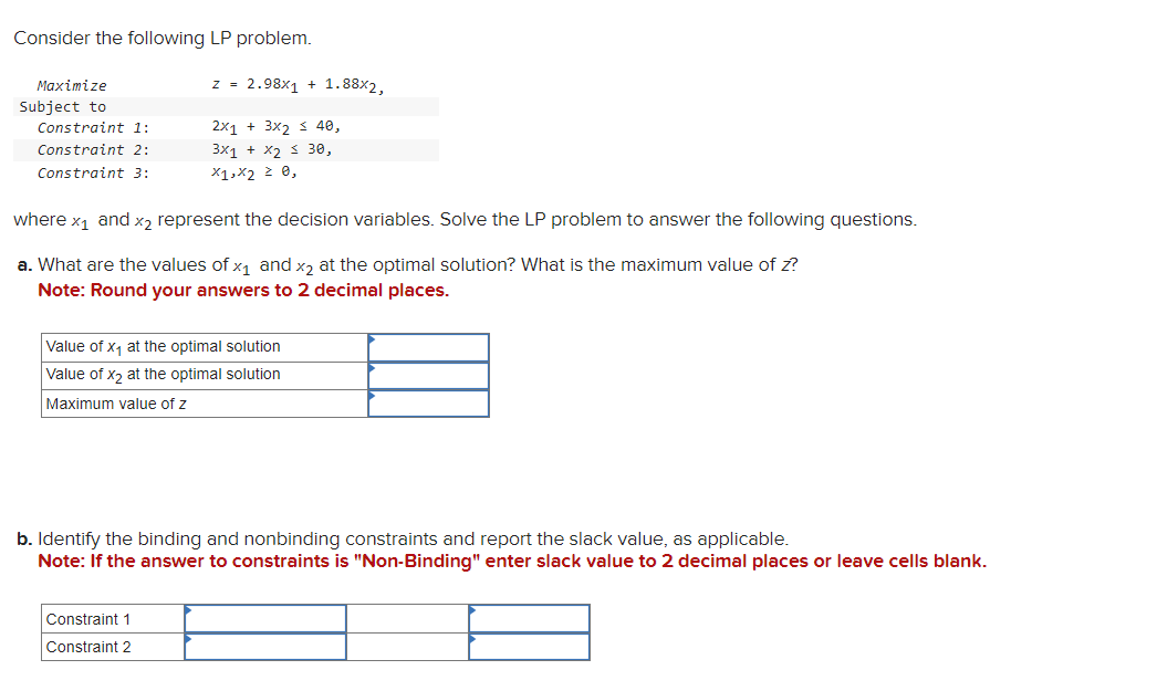 Solved Consider the following LP problem. where x1 and x2 | Chegg.com