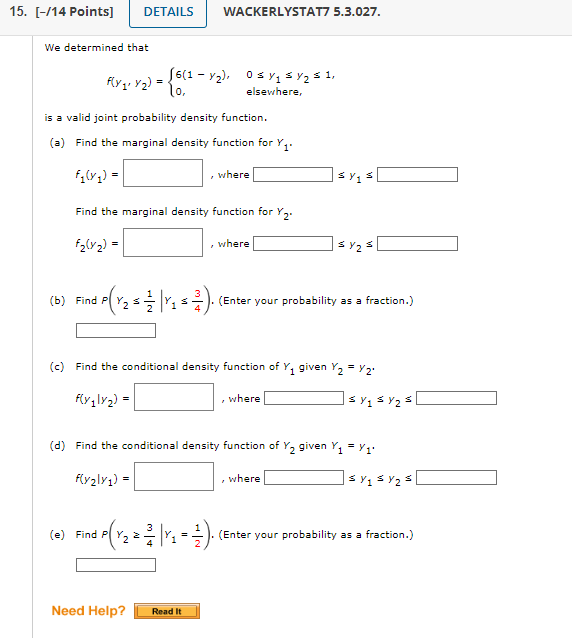 Solved We determined that f(y1, y2) = 6(1 − y2), 0 ≤ y1 ≤ y2 | Chegg.com