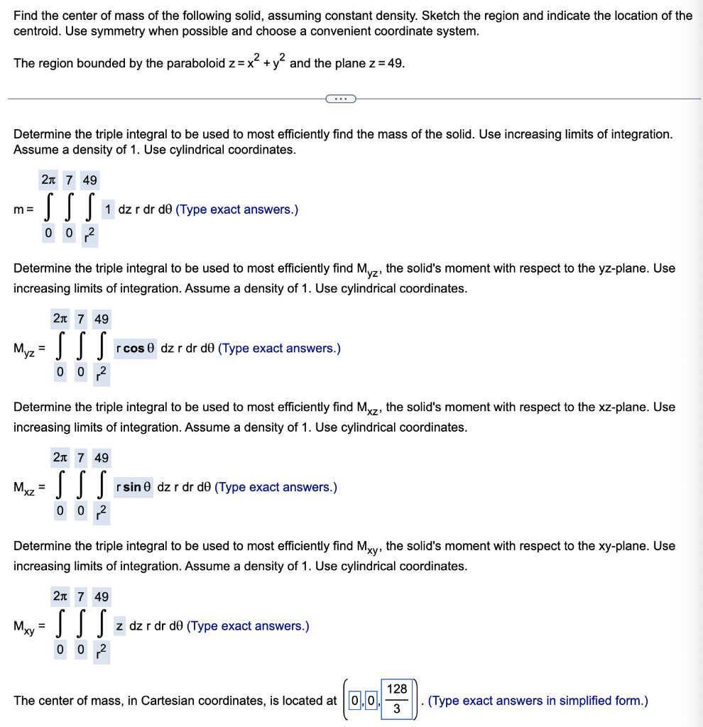 Solved Find the center of mass of the following solid, | Chegg.com
